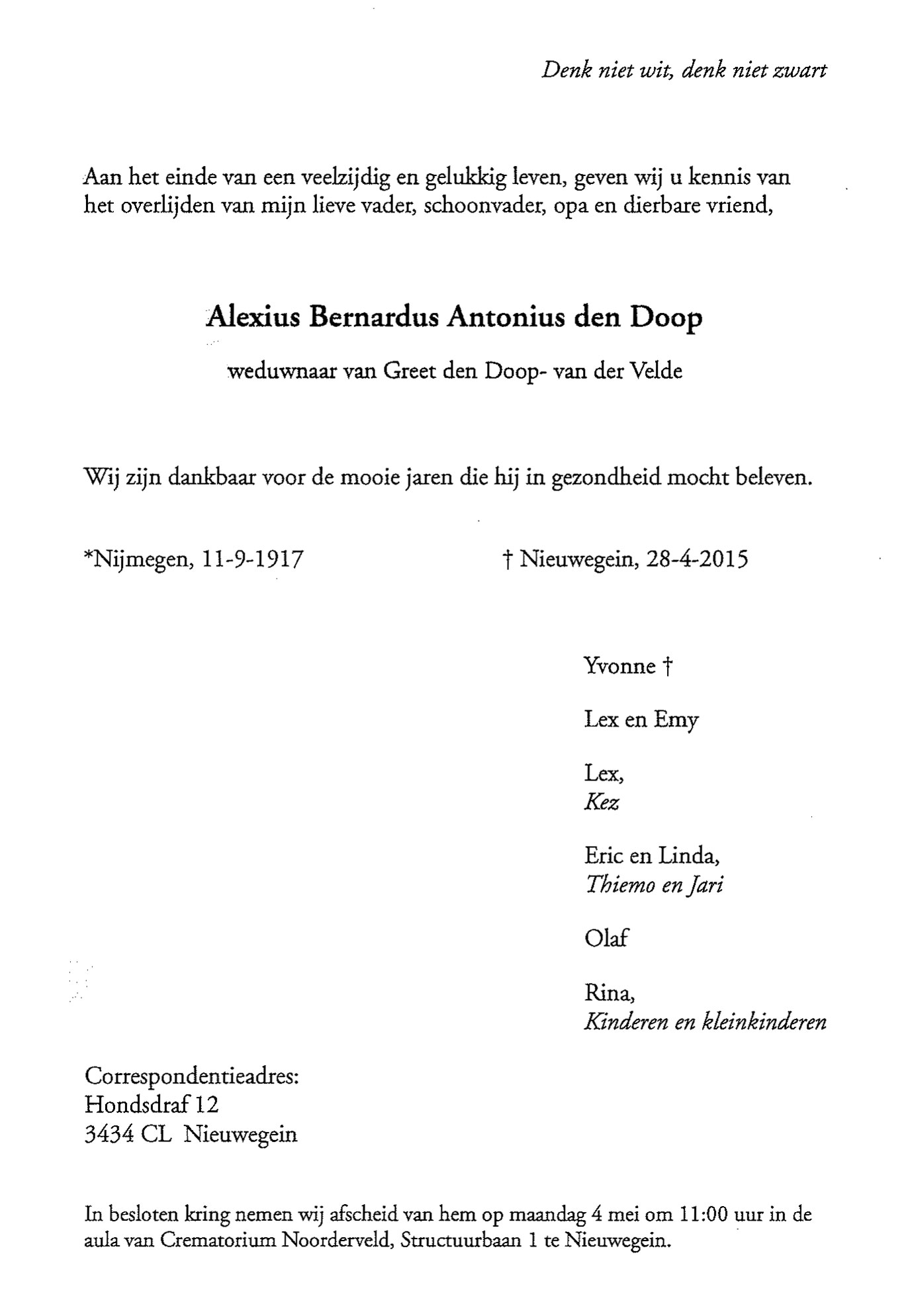 Lex den Doop overleden